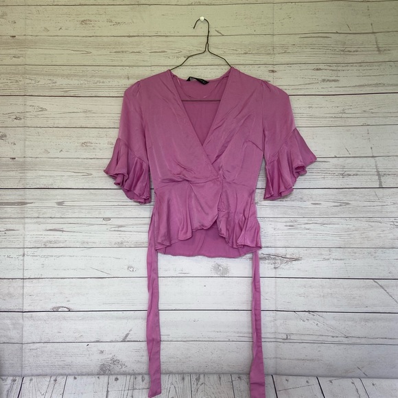 Zara | Tops | Zara Pink Blouse Flounce Sleeve Wrap Front Peplum | Poshmark